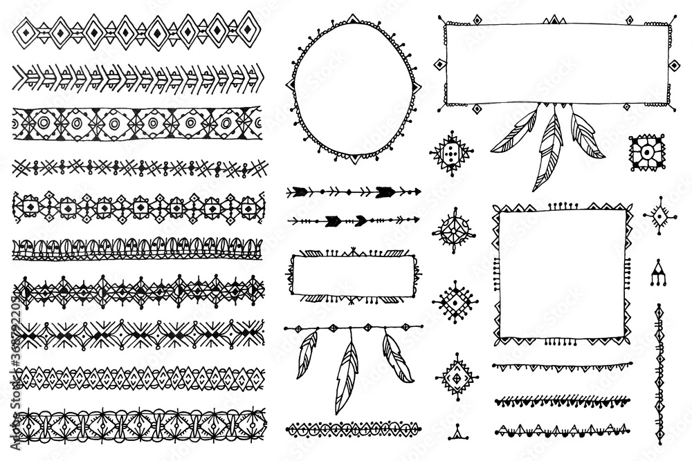 Vector floral decor set, collection of hand drawn doodle boho style ...