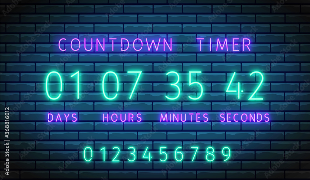 Countdown timer. Neon clock counter. Vector. Shiny digital count down ...