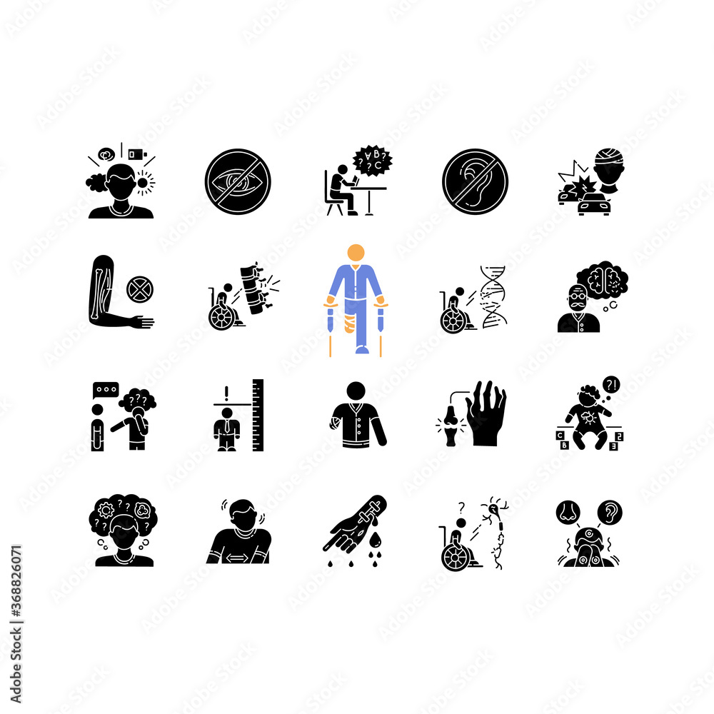 Disability types black glyph icons set on white space. Blindness and ...