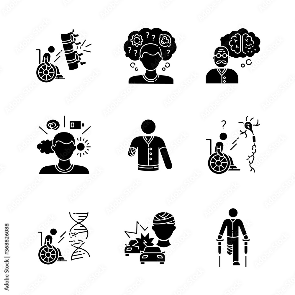 Patient with disability black glyph icons set on white space ...