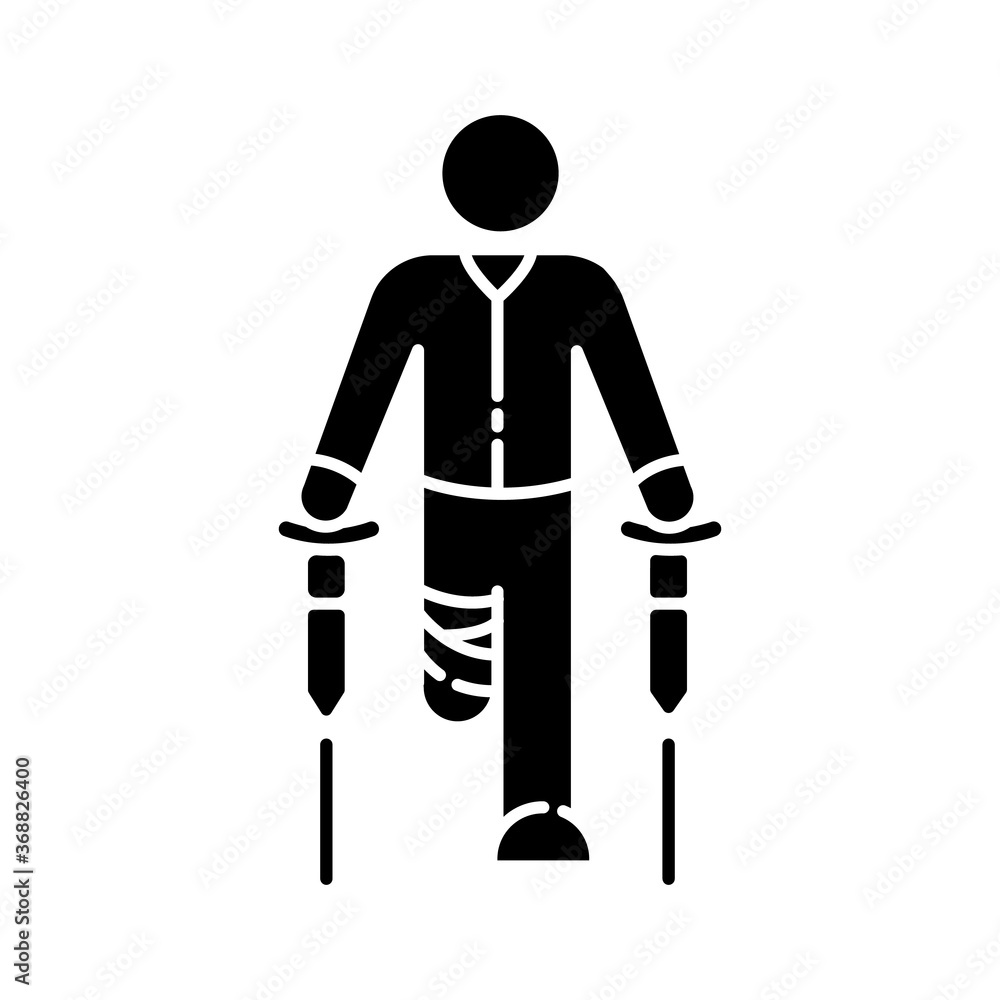 Leg amputee black glyph icon. Disabled man with crutches ...