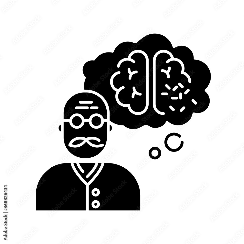 Dementia black glyph icon. Alzheimer from aging. Senior man with ...