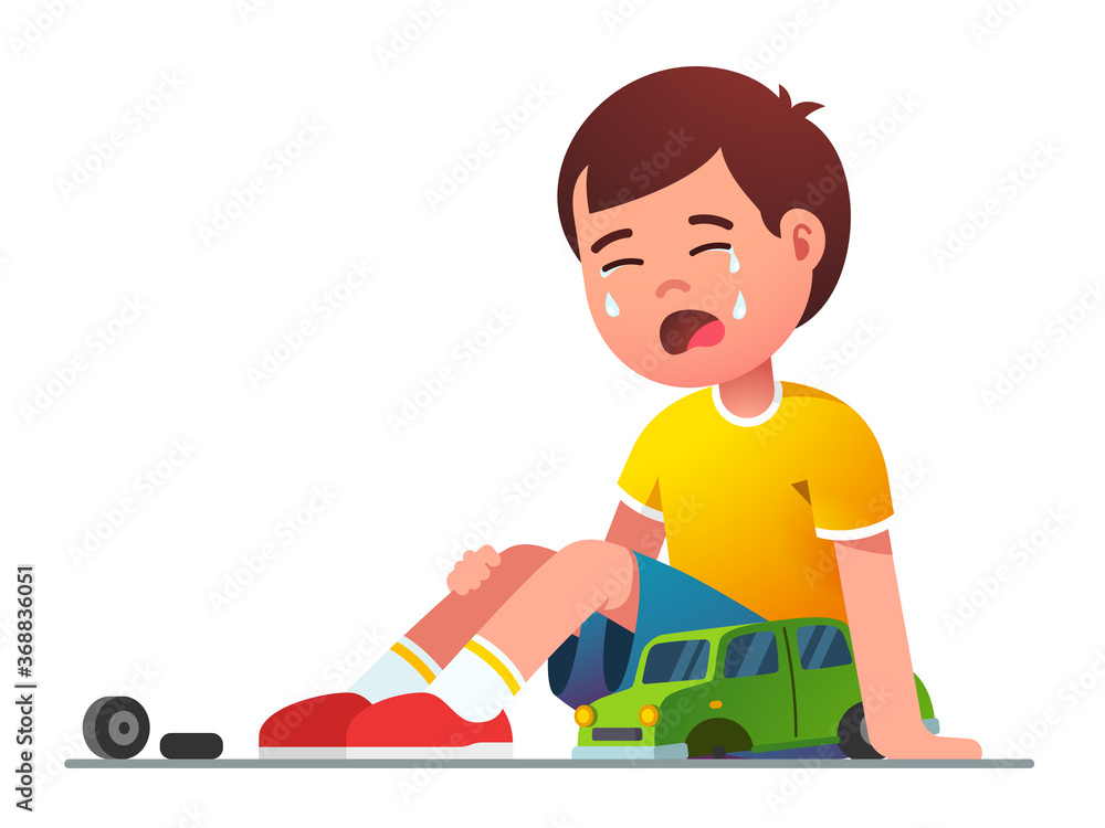Sad boy kid sitting crying over broken toy car Stock Vector | Adobe Stock