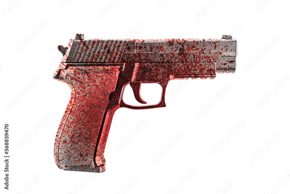 Pistol gun in red blood isolated on white background with clipping path ...