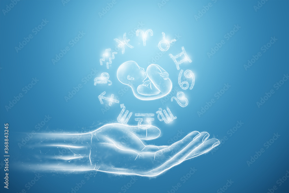 Infant, child around 12 zodiac signs, horoscope signs, hologram neon ...