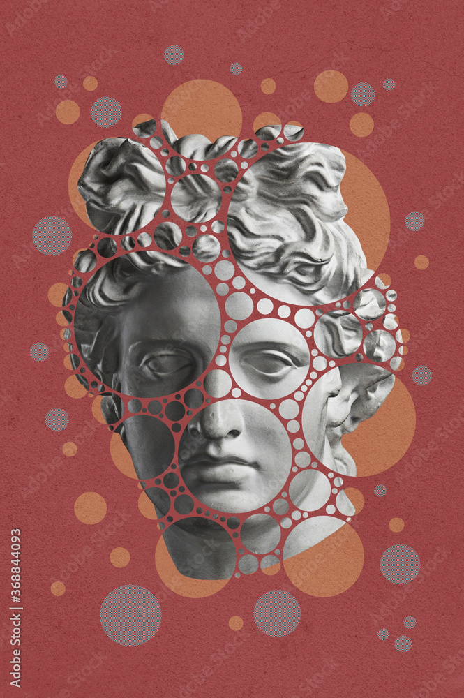 Collage with plaster antique sculpture of human face in a pop art style ...