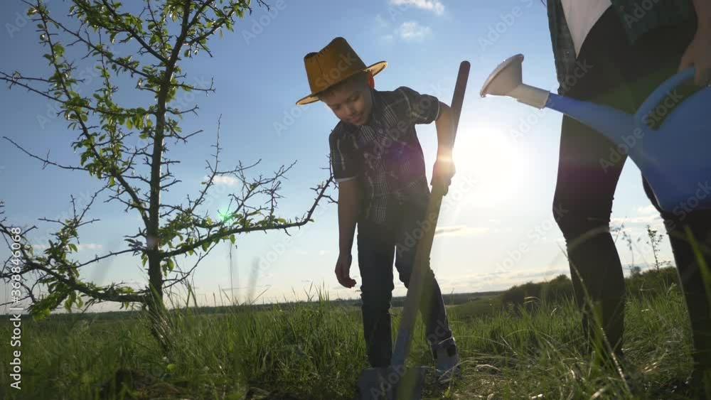 Teamwork, a symbol of success. Happy family at sunset, mother and son ...