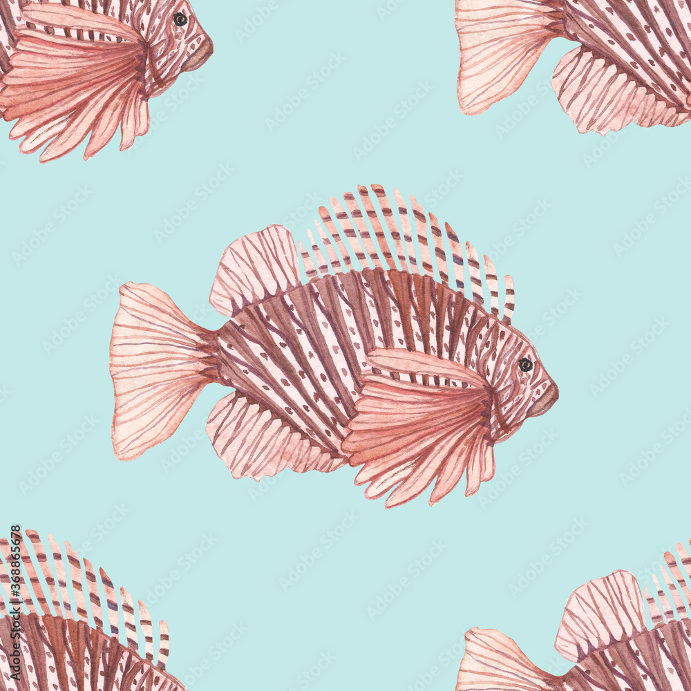 Watercolor hand painted nature ocean life seamless pattern with red ...