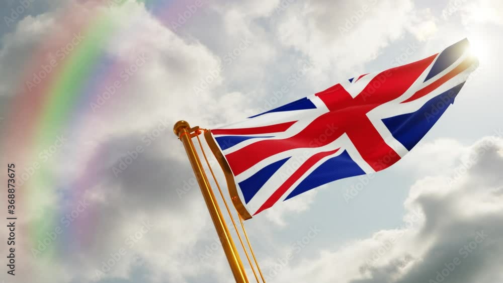 Flag of the United Kingdom Waving in the wind, Cloudy and Rainbow ...
