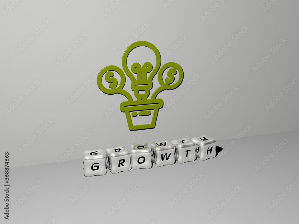 3D illustration of growth graphics and text made by metallic dice ...