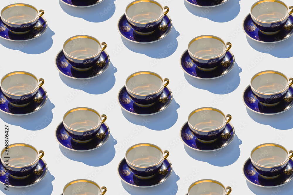 Background from group of old ceramic empty cups for tea or coffee. Flat ...