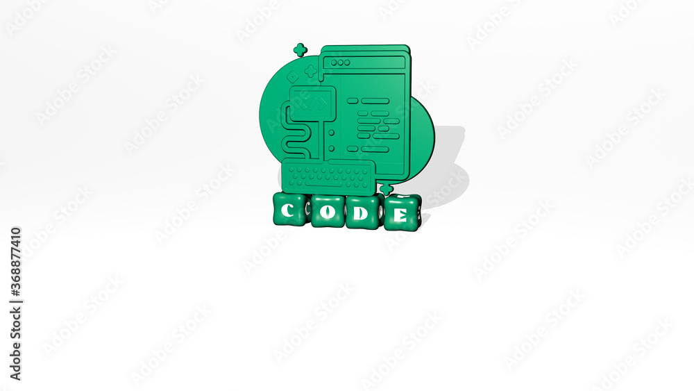 3D illustration of CODE graphics and text made by metallic dice letters ...
