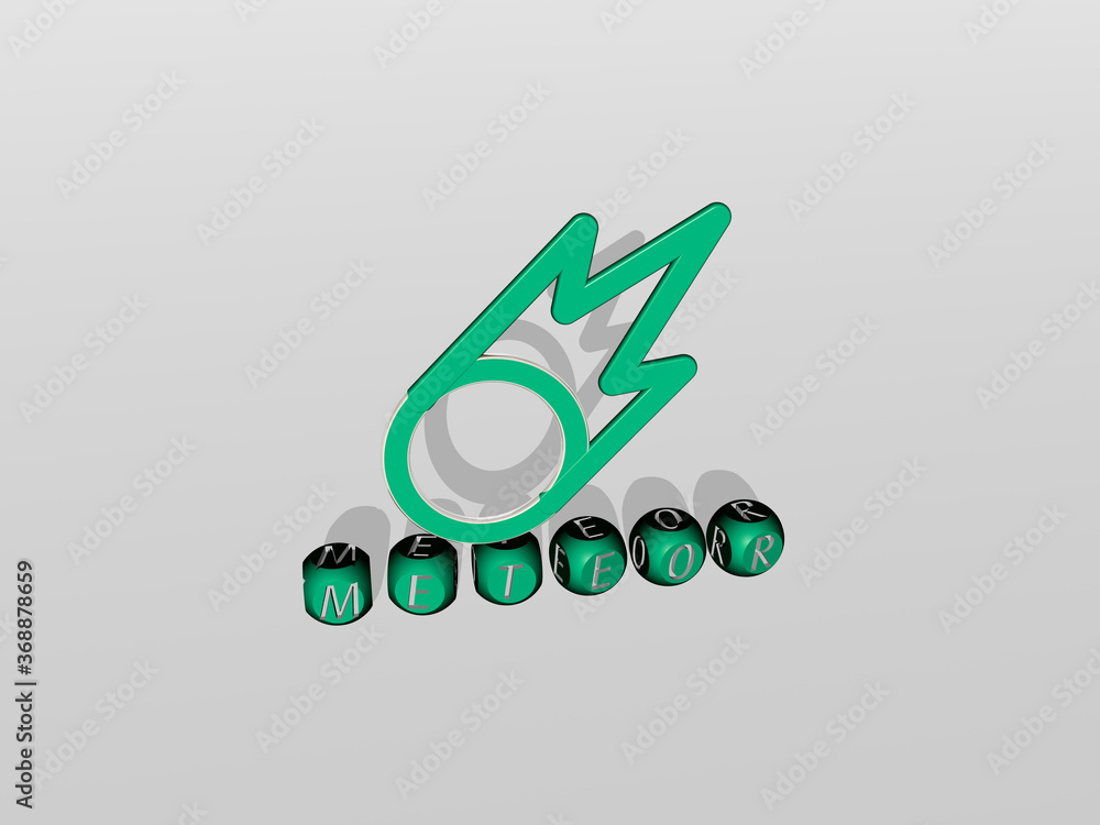 3D illustration of meteor graphics and text made by metallic dice ...