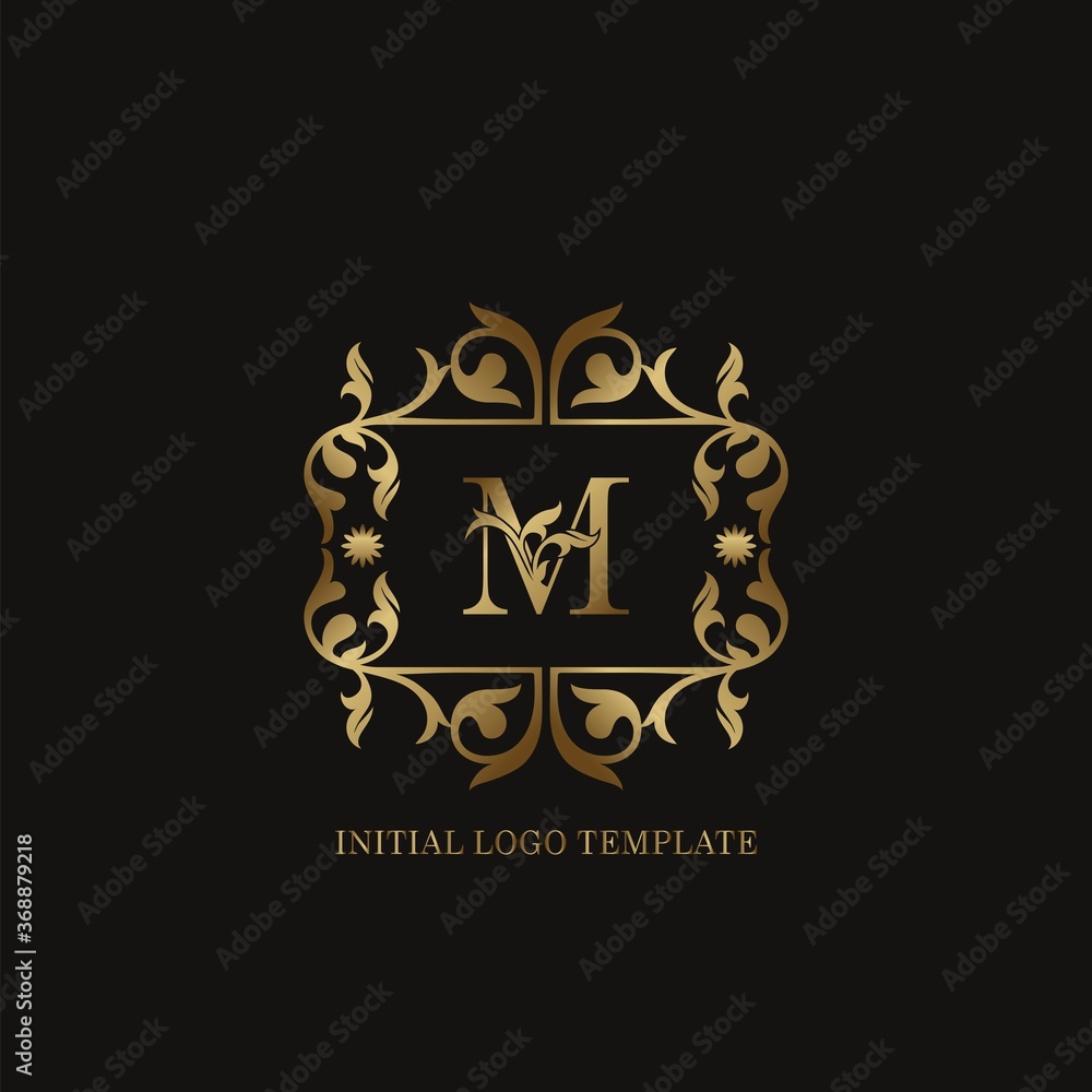 Gold M Initial logo. Frame emblem ampersand deco ornament monogram ...