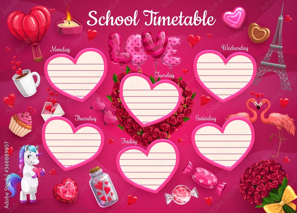 School timetable vector template with education schedule in heart ...