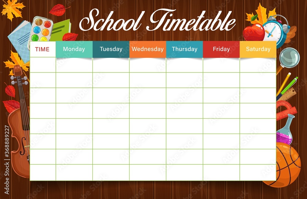 Education timetable or schedule with school supplies vector template ...