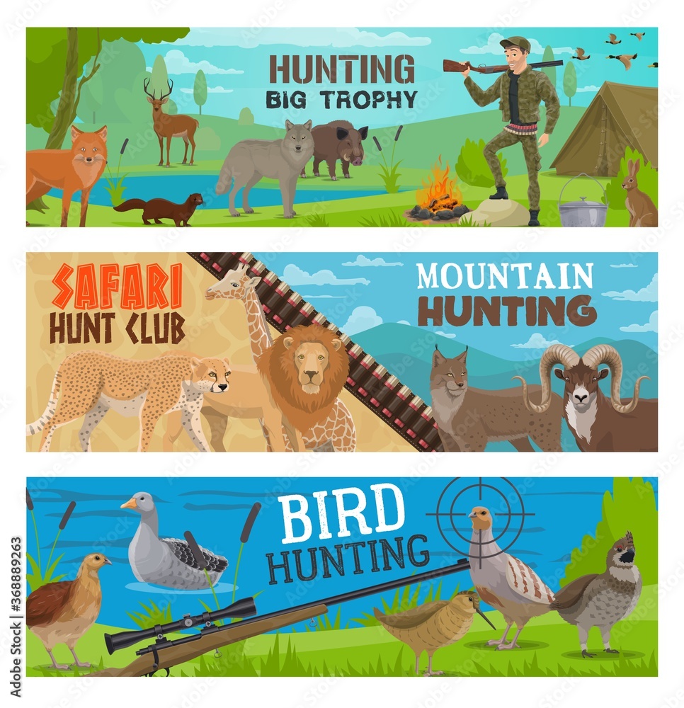 Hunting sport vector banners of hunter, gun, animal and bird. Hunt ...