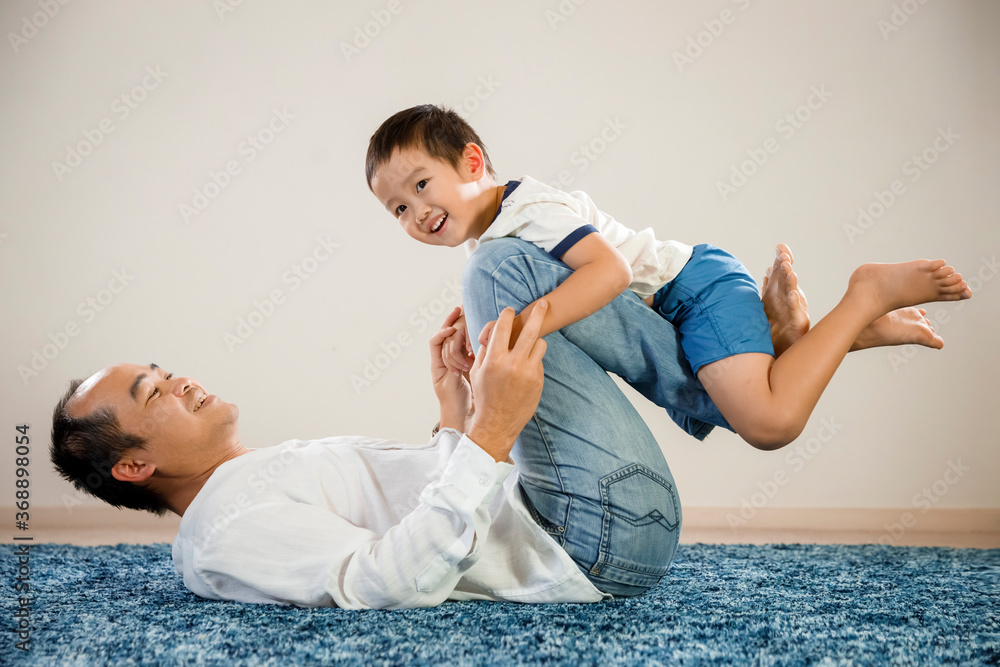 Asian father and son portrait, fathers day concept, happy, smiling ...