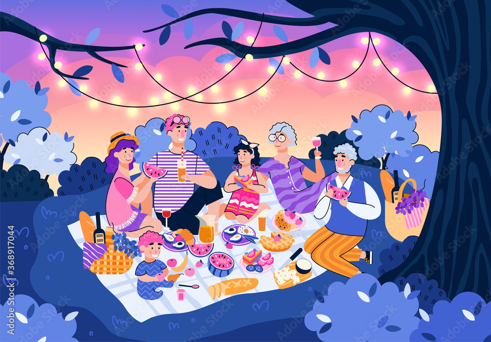 Family at night picnic in summer nature - cartoon people eating food at ...
