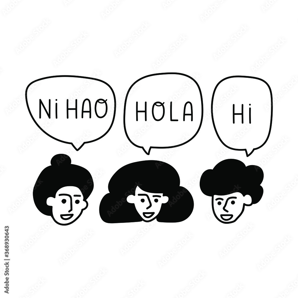 People talking in different languages. Bilingual concept. Hand drawn ...