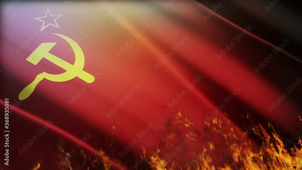 4k Former Soviet Union flag burning slow wrinkles waving with visible ...