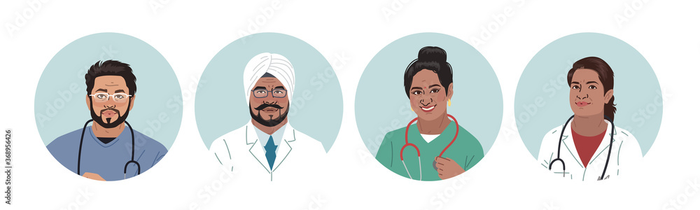 Indian Medics. Medical Characters. Doctors and nurses round portraits ...