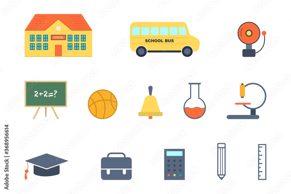 Set of school supply icons in flat design. Collection with schoold bus ...