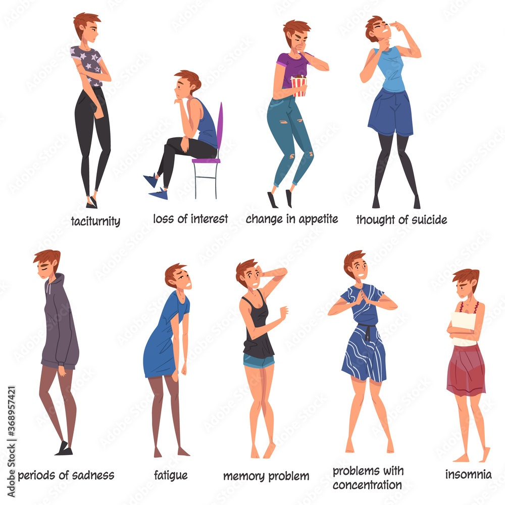 Bipolar Disorder Symptoms Set, Girl Suffering from Manic Depressive ...