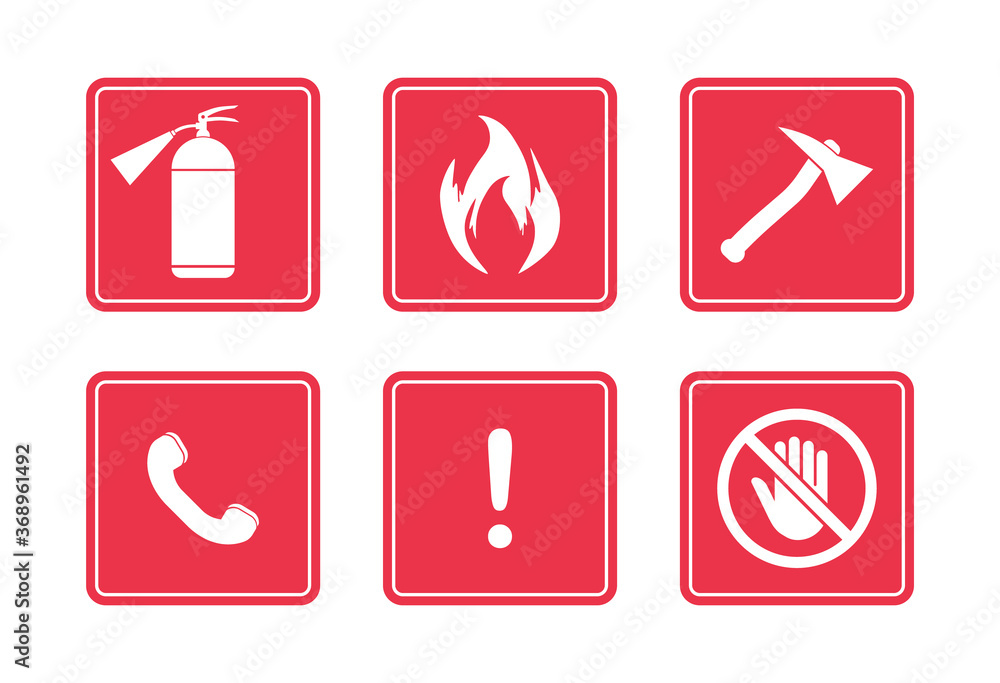Fire safety signs set. Fire emergency icons. Protection signs. Vector ...