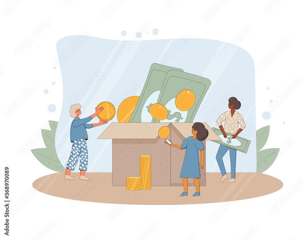 Donation concept. Young people raising money together. Characters with ...