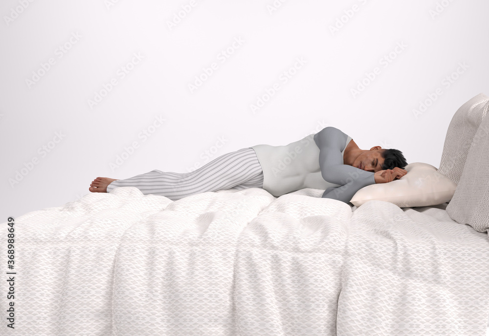 3D Render : The portrait of sleeping man in the big white bed, posture ...