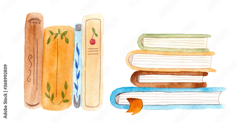 watercolor set of cute books isolated on white background for postcard ...