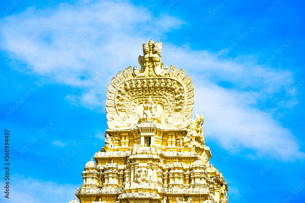 The top view of the upper portion of the temple with kalasa and blue ...