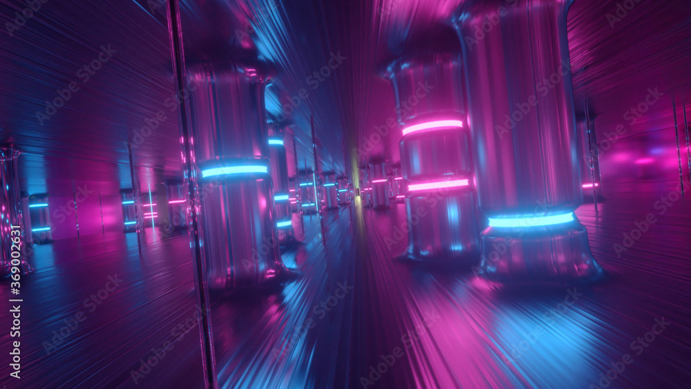 Fly through a futuristic corridor along neon glass pillars and columns ...
