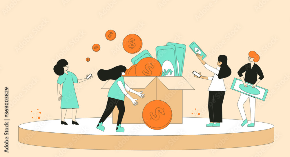 Crowdfunding concept. Young people raising money together. characters ...