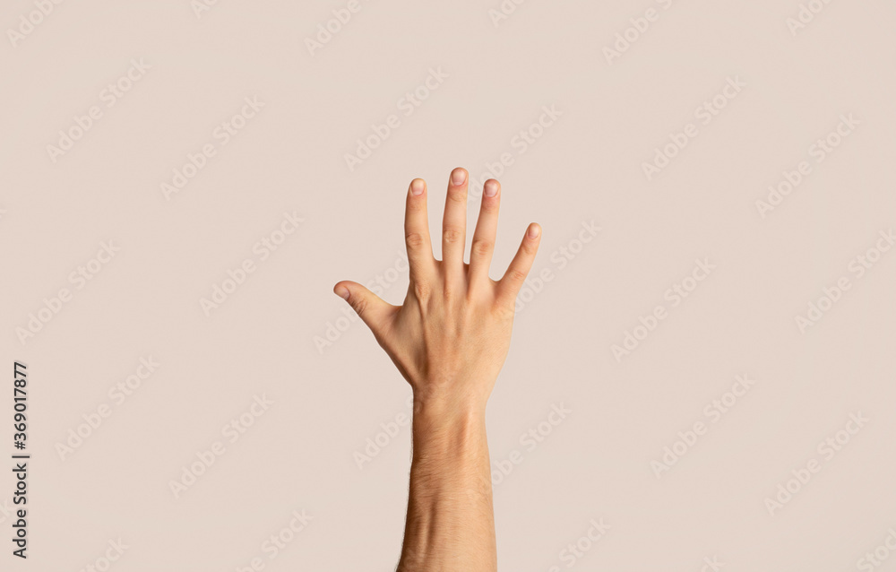 Close up of young man showing his hand, gesturing high five on light ...