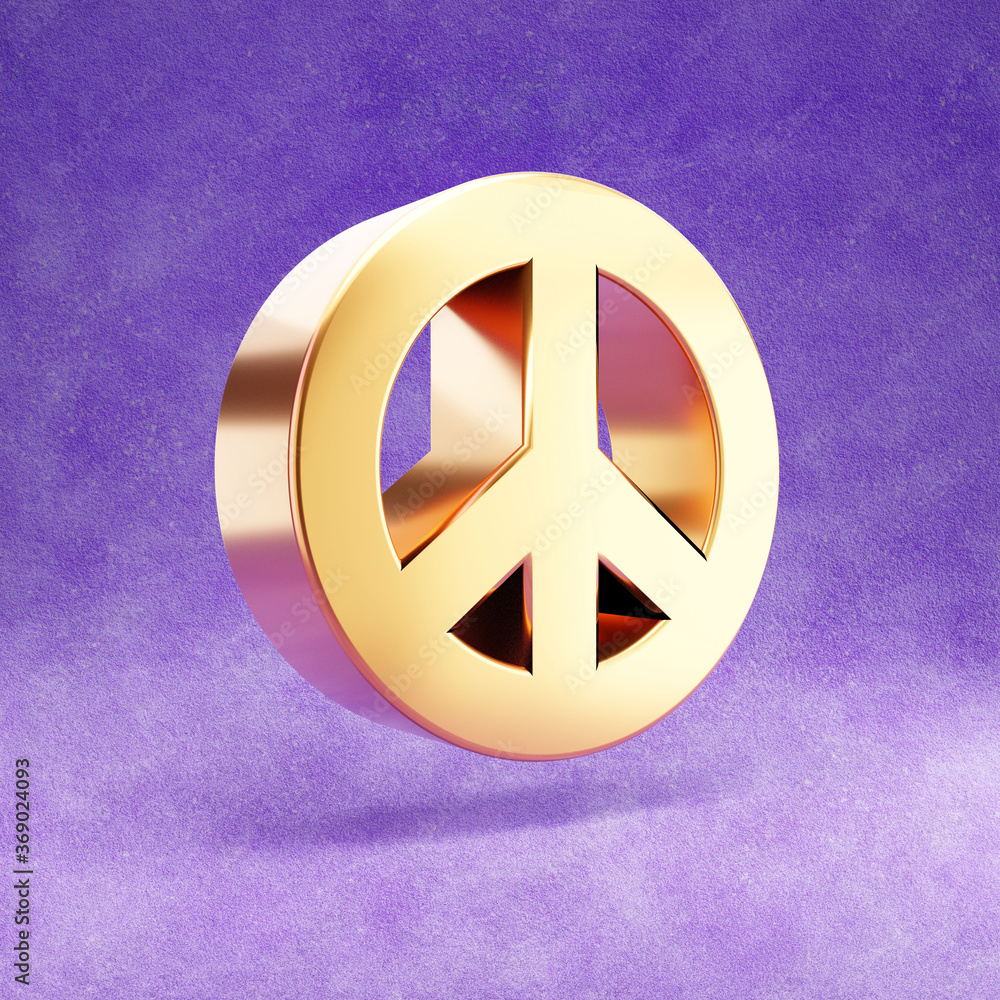 Peace icon. Gold glossy Peace symbol isolated on violet velvet ...