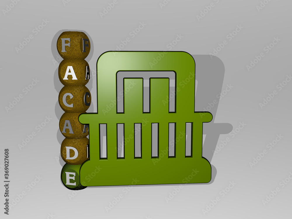 3D representation of facade with icon on the wall and text arranged by ...