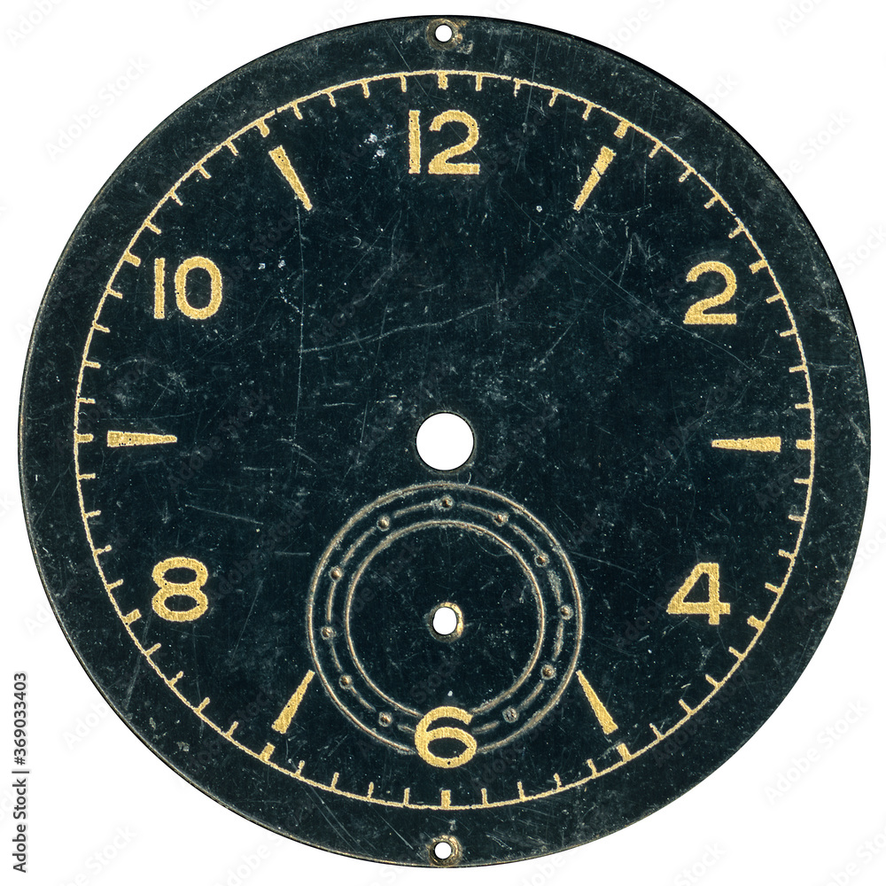 Vintage clock face - cracked and dirty black dial with golden numbers ...
