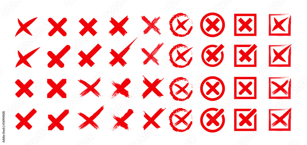 Set of red cross icons of different shapes and styles. Vector ...