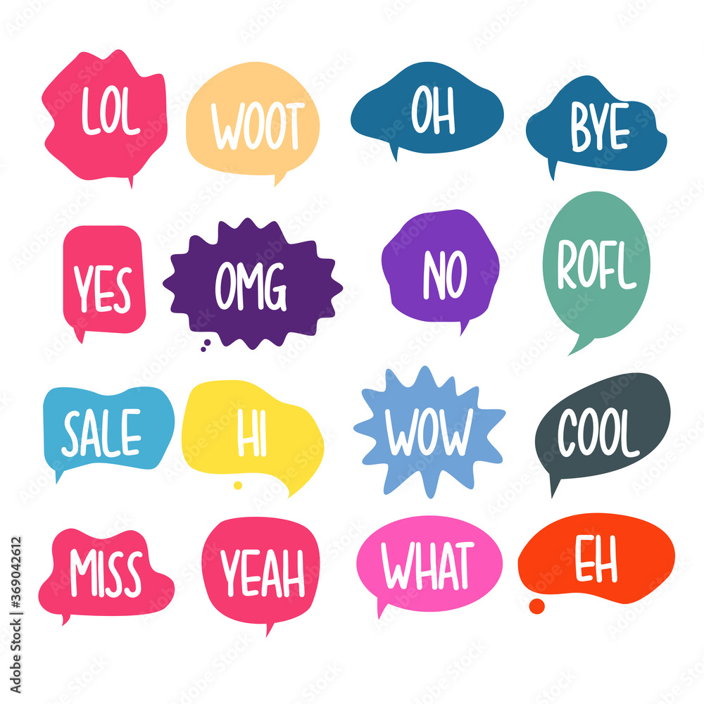 Bubble chat with phrases. Colorful speech bubbles with dialog words ...