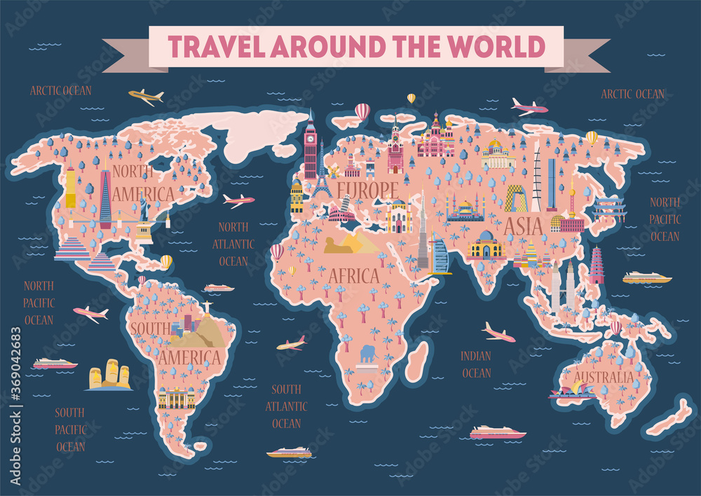 World map. Travel and tourism background. World famous monuments ...