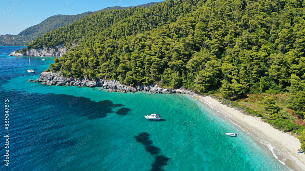 Aerial drone photo of breathtaking secluded turquoise beaches of Ftelia ...