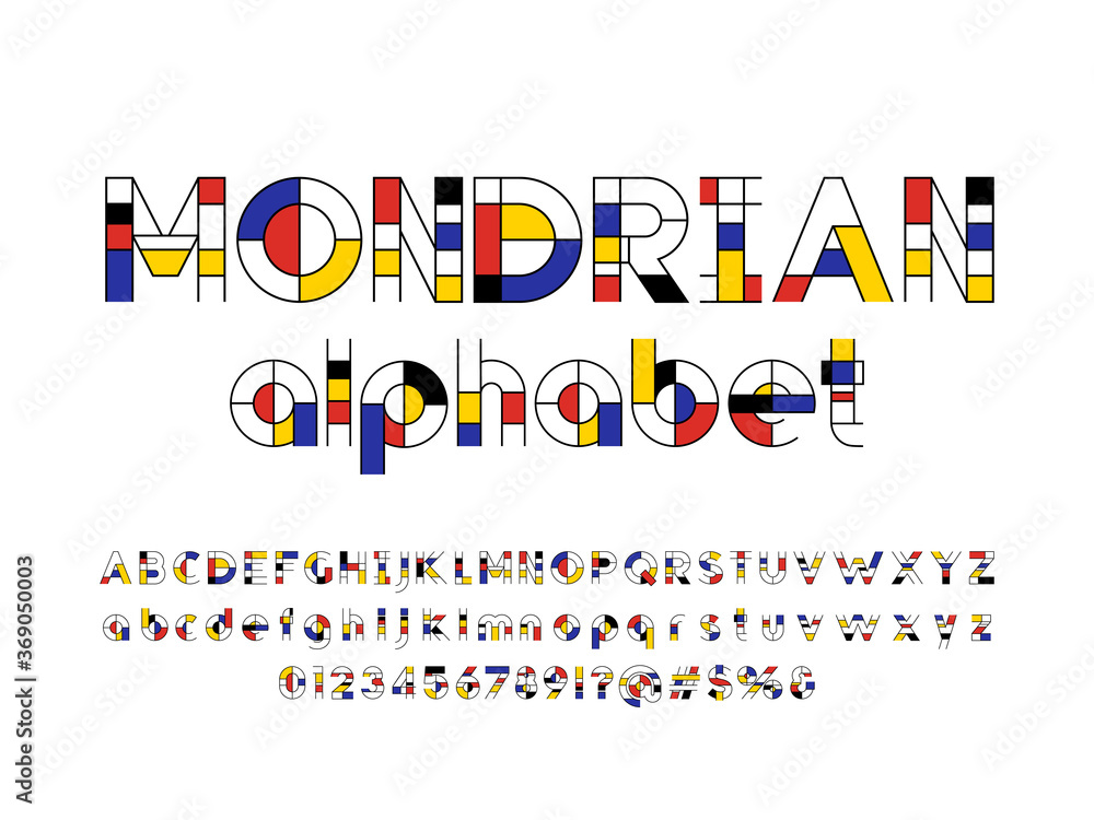 Mondrian art style alphabet design with uppercase, lowercase, numbers ...