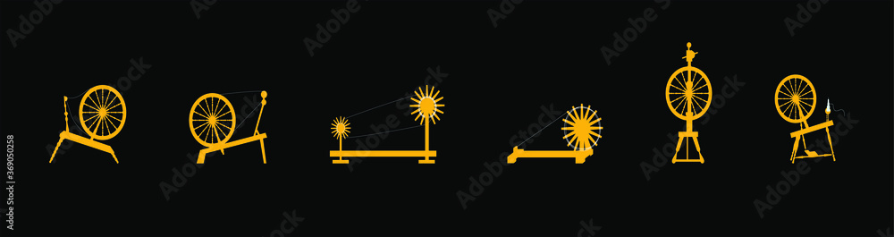 a set of spinning wheel. vector illlustration isolated on black ...