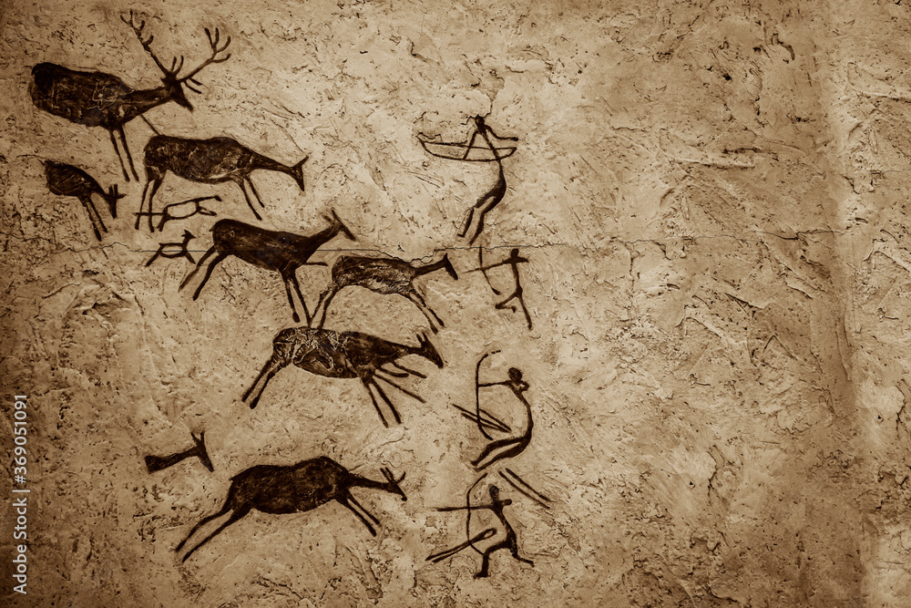 Cave art seamless pattern made of ancient wild animals, horses and ...
