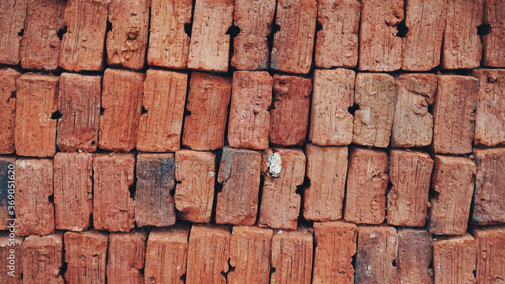 Red brown Clay brick, beautiful surface, arranged into layers of wall ...