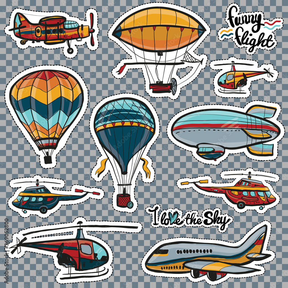 Big set of cartoon air transport: balloons, planes and helicopters ...