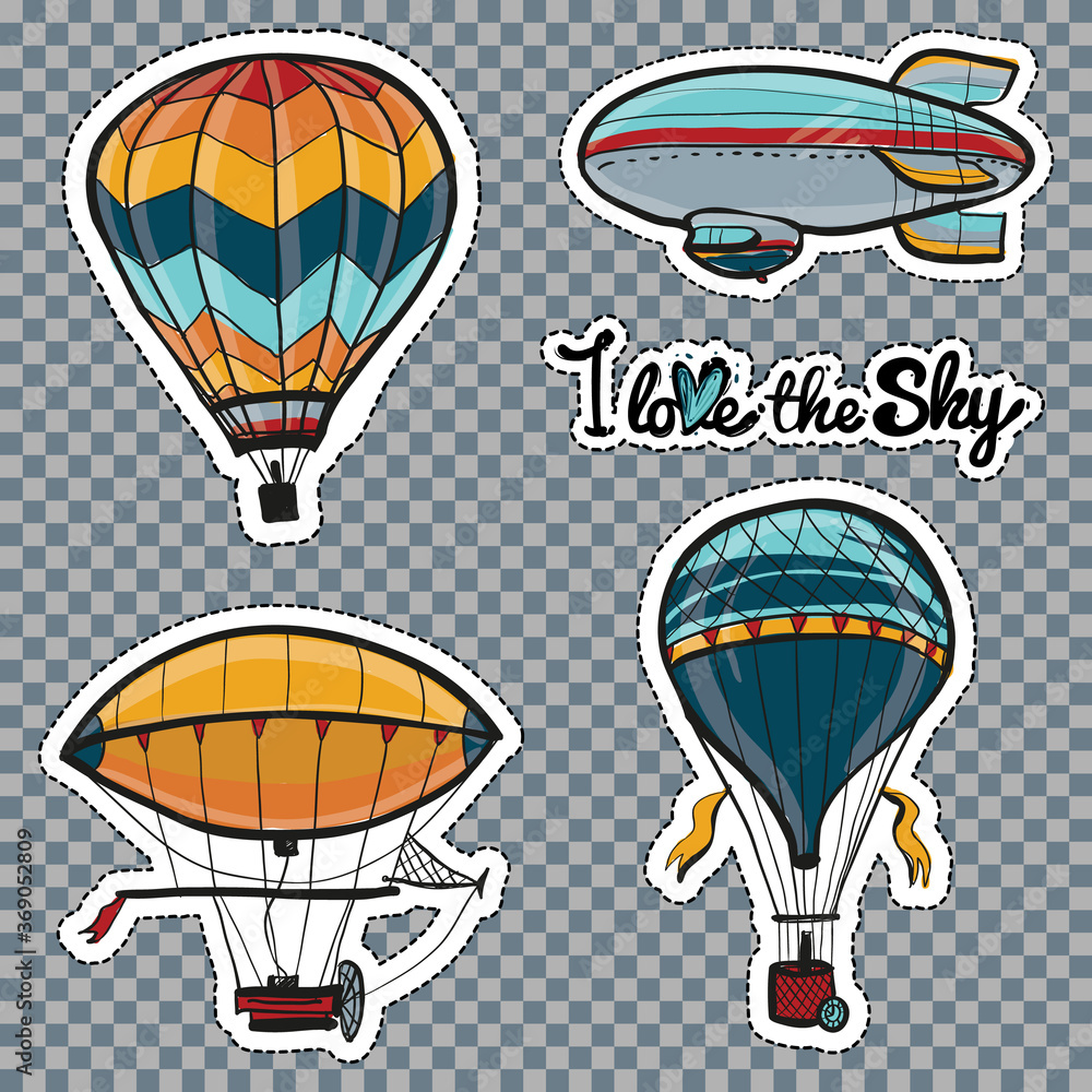 Set of stylish elements: I the love sky, retro aerostat, big balloon ...