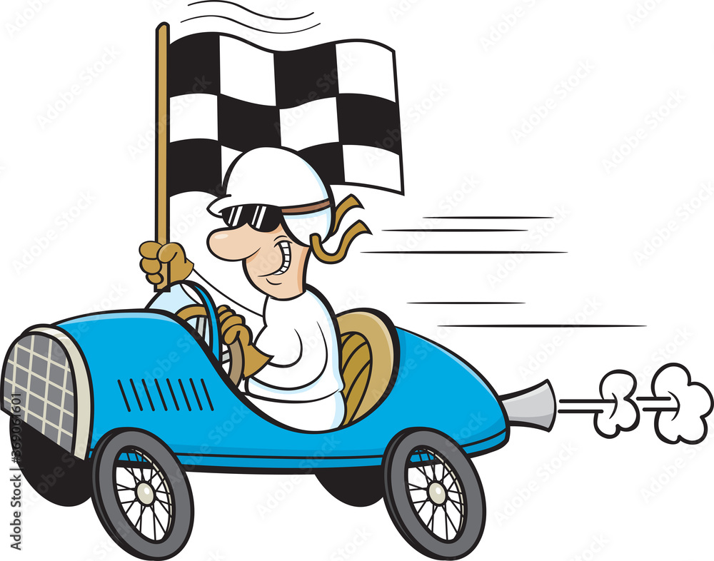Cartoon illustration of a man wearing a helmet and goggles driving a ...